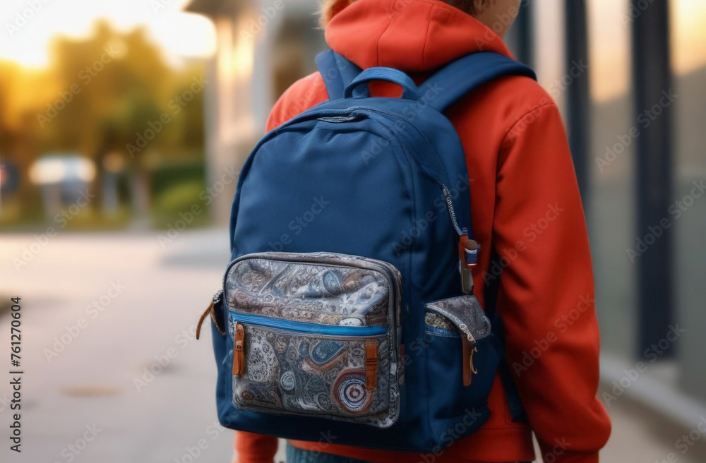 schoolboy boy goes to school in the morning. happy child with a ...