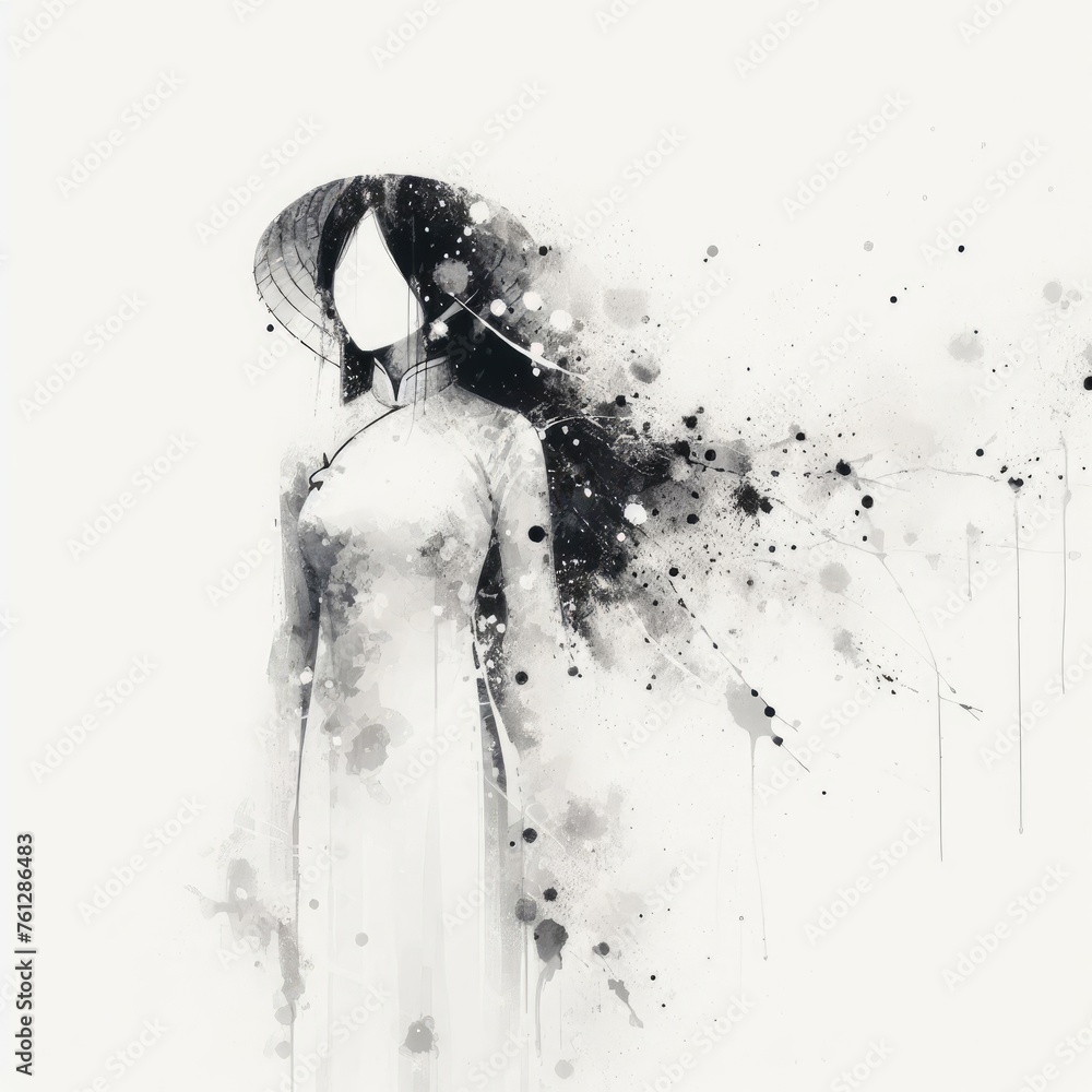 Vietnamese girl wearing traditional clothes aodai in splash ink ...