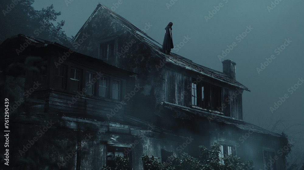 Lonely empty house in horror style. Woman with long black hair in black ...