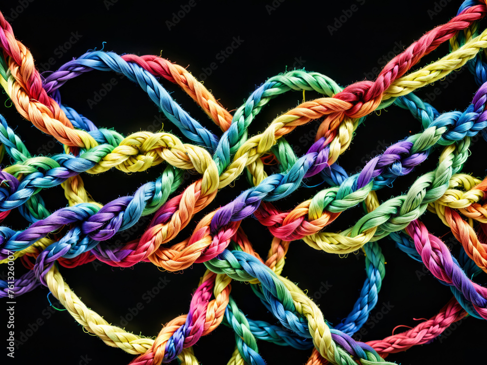 colourful rainbow ropes knotted together into a giant network with ...