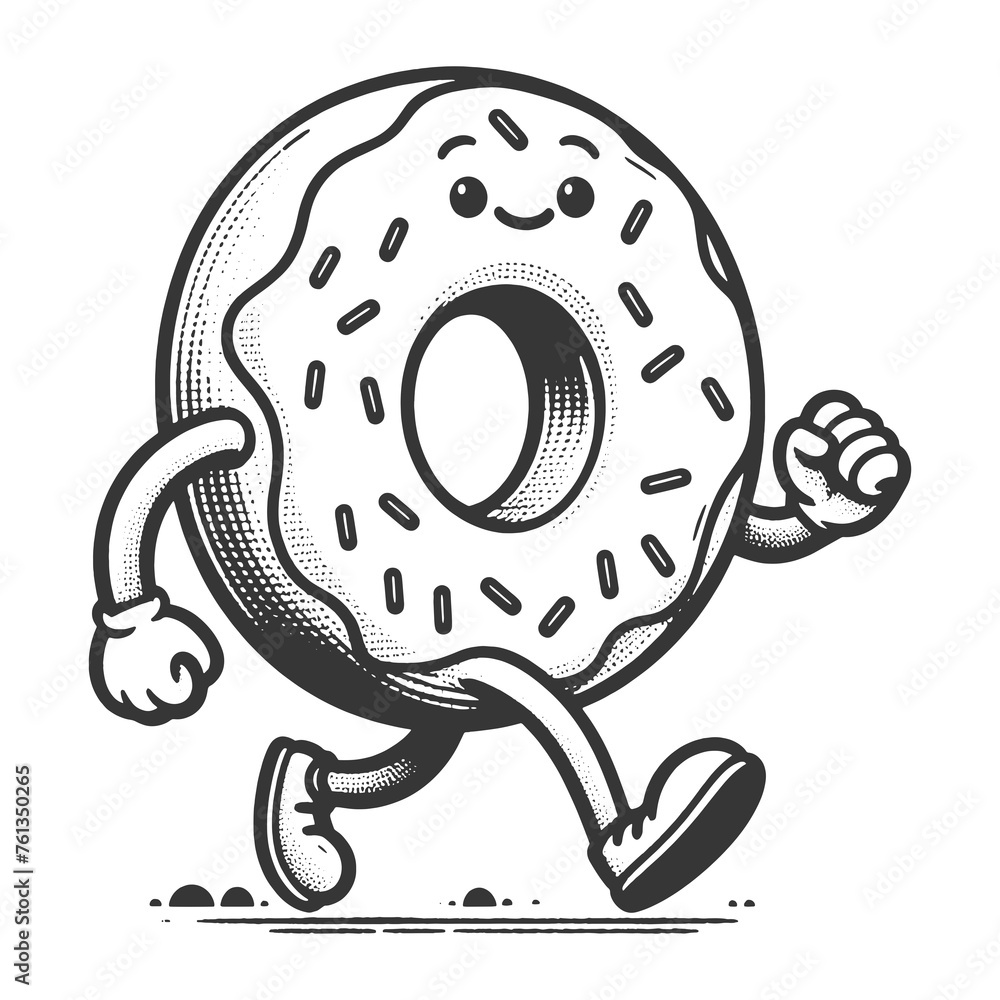 cartoon doughnut donut character with arms and legs in motion, running ...