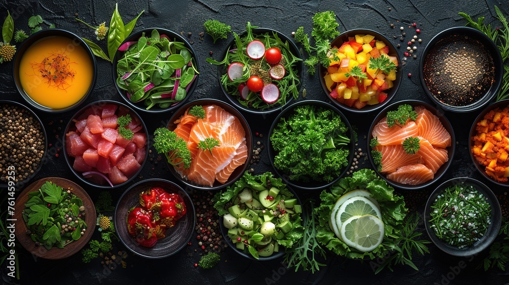 pots contain a variety of ingredients natural foods, fruits, and staple ...