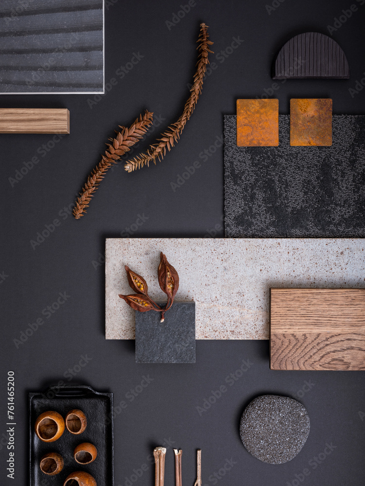 Aesthetic flat lay composition in grey and navy color palette with ...