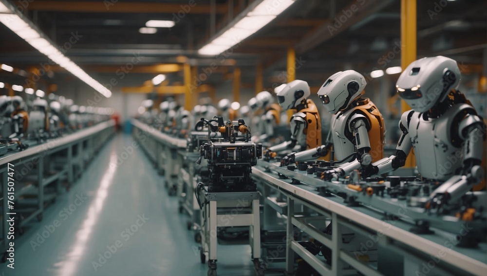 Modern manufacturing. Robotic assembly line buzzes with activity at factory, where robots ...