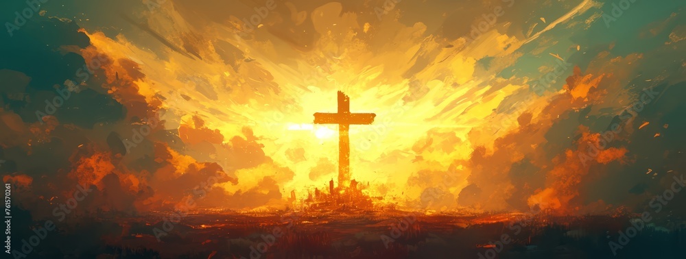 The cross of Jesus Christ in the sky with rays of light, symbolizing ...