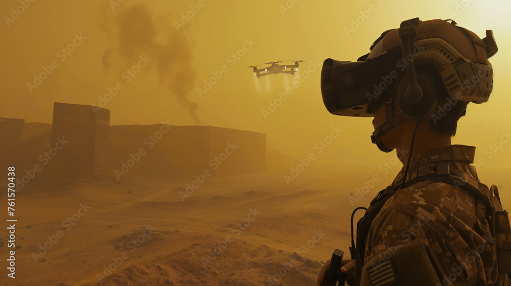 A dramatic, futuristic military concept featuring a soldier in advanced ...