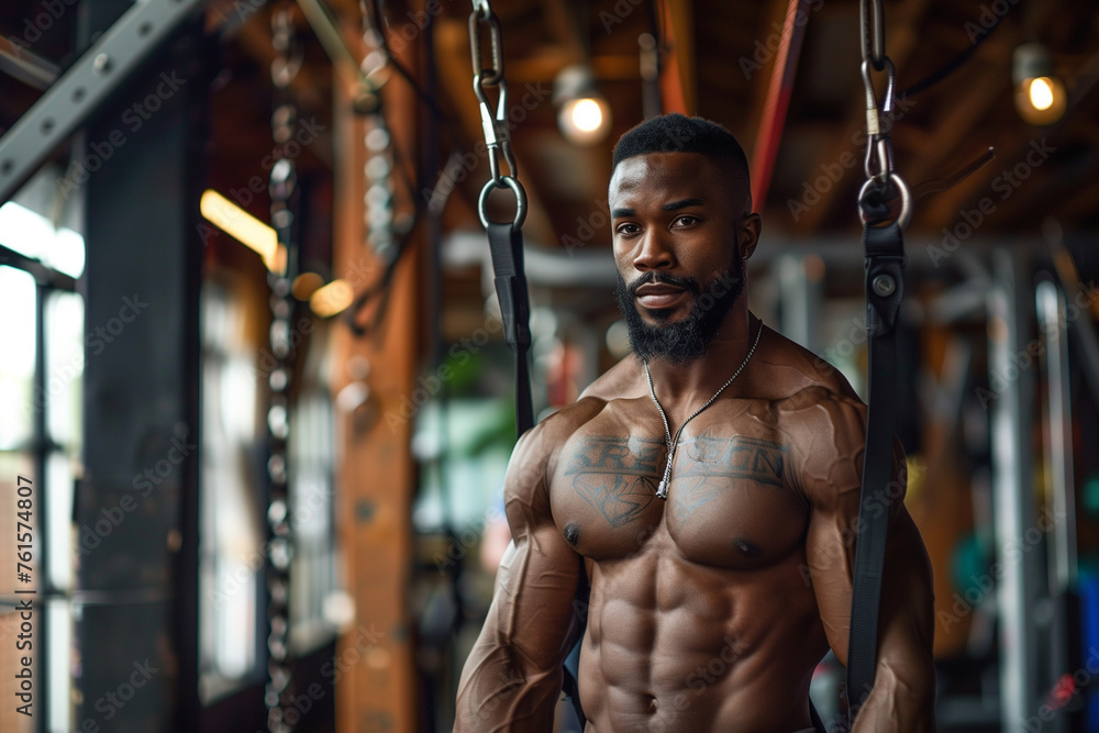 Illustration Stock A man with a muscular body is standing in a gym. He ...