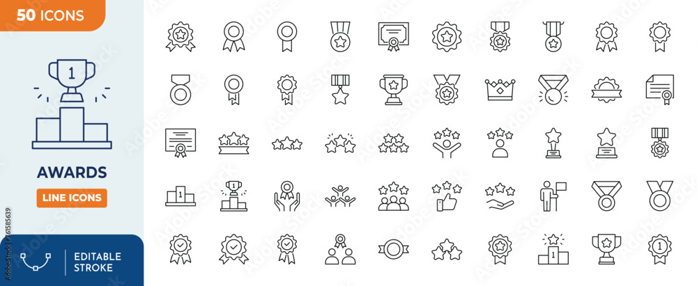 awards line editable icon set. award icon set containing badge, trophy ...