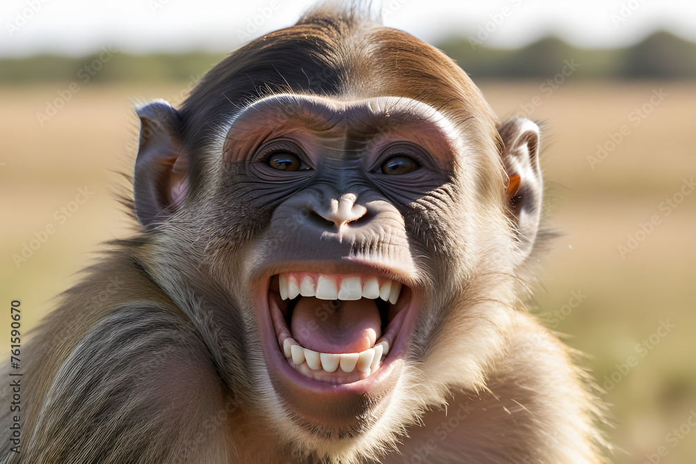 caricature of a very large toothy wide smile of a smiling monkey. A ...