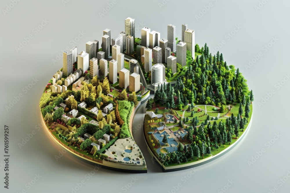 Circular sustainable chart of city and forest, model cross section, 3D ...
