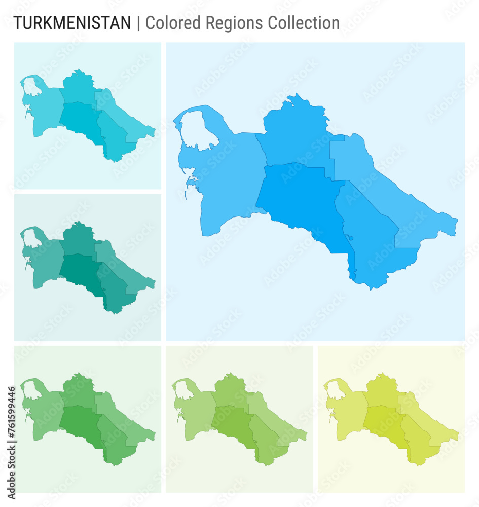 Turkmenistan map collection. Country shape with colored regions. Light ...