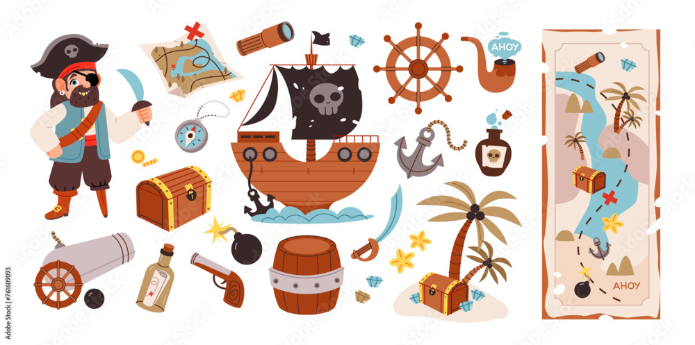 Pirate set with cute elements of sea adventures. Pirate, treasure, ship ...