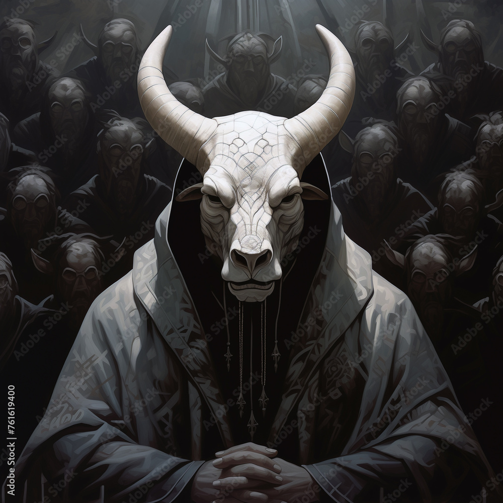 Robed figures, their faces lost in shadow, worshiping a calf god. A ...