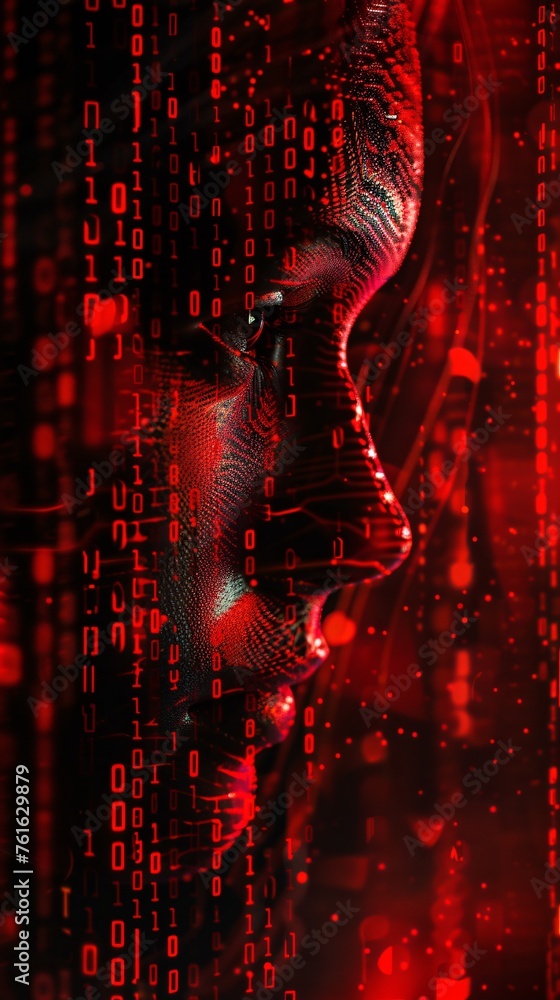 Binary code flowing with a glaring red anomaly highlighting the ...