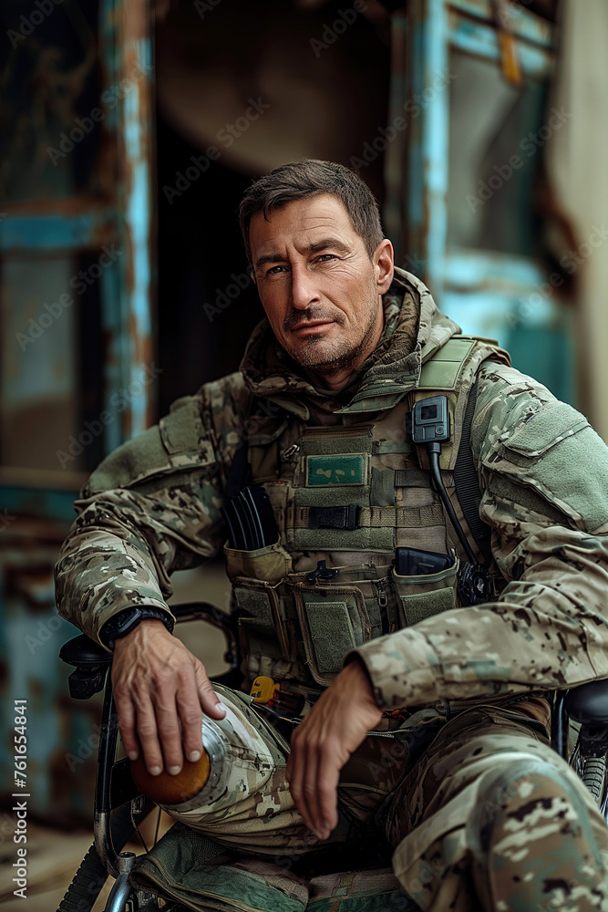 portrait of adult military soldier disabled man with an amputated leg ...