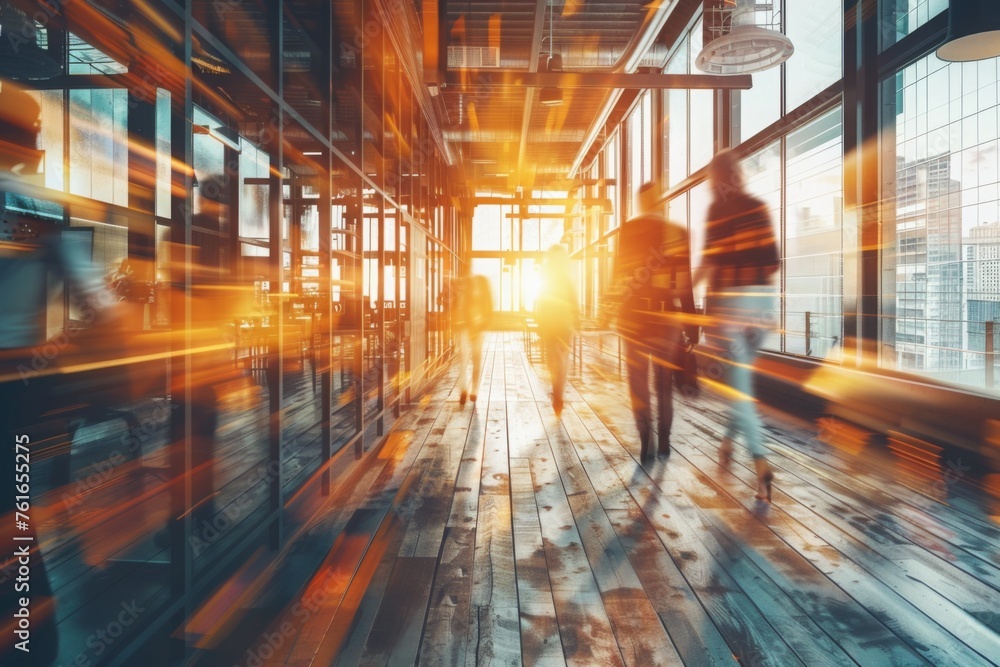 People blurred in a modern open office walking fast in a rush ...