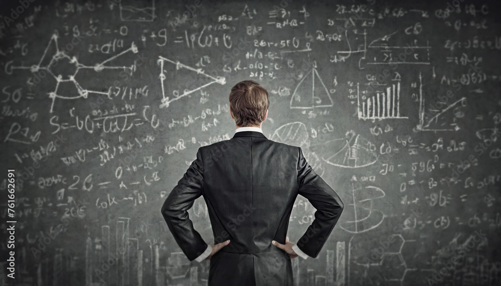Businessman rear view with hands on hips thinking in front of a ...