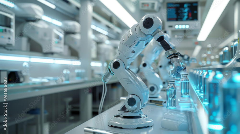 Futuristic robotic arm conducting precise liquid handling tasks in a sophisticated laboratory ...