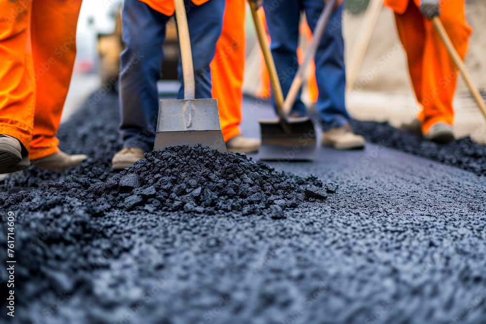Road construction workers' teamwork, tarmac laying works at a road ...