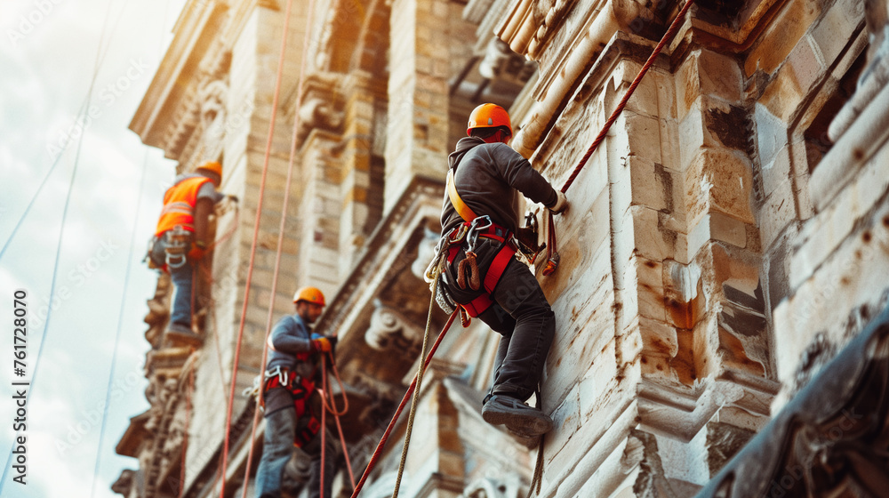 Two workers with safety harnesses are engaged in the restoration of a ...