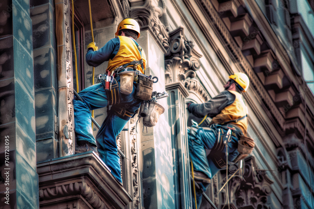 Two workers with safety harnesses are engaged in the restoration of a ...