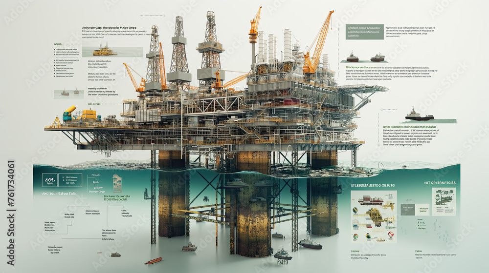 A vibrant infographic image showing an offshore oil platform with ...