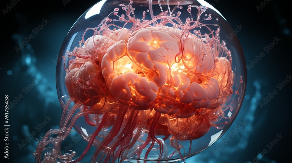 backlit illustration of a human brain depicting neural connections and ...