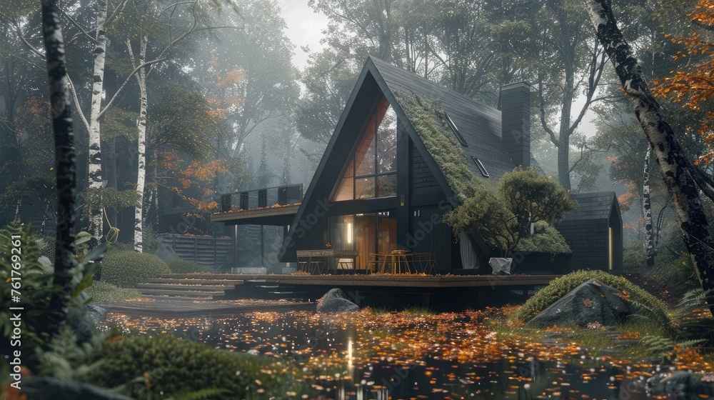 the house is A-shaped among tall spruce trees so that their foliage ...