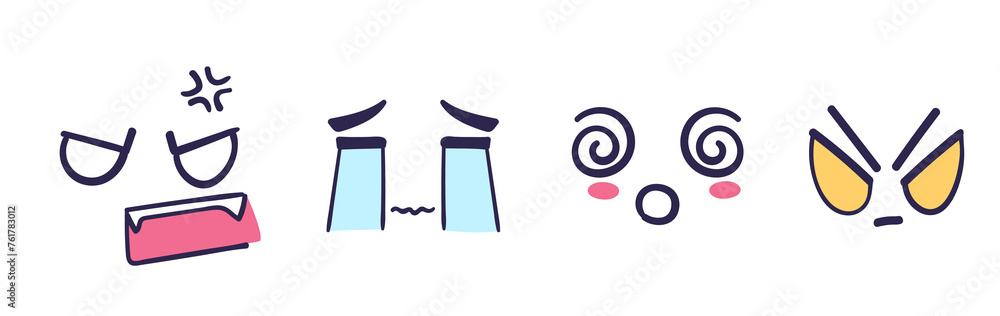 Set of hand-drawn cartoon anime expressions and doodle signs, arrows ...