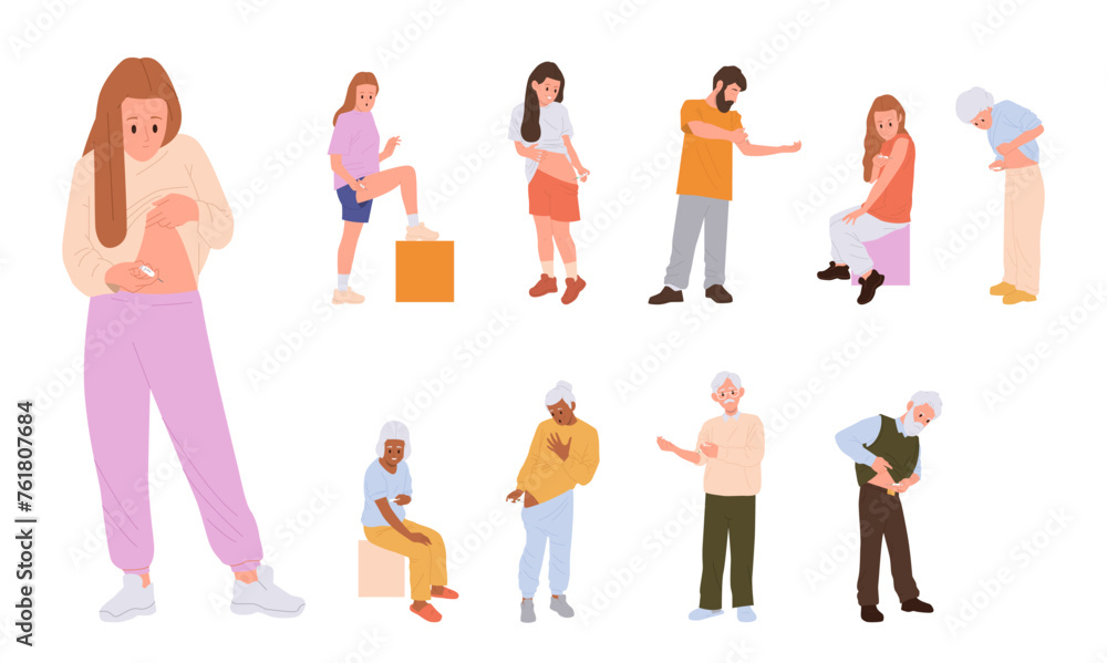 Diverse people cartoon characters set doing self-injection of insulin ...