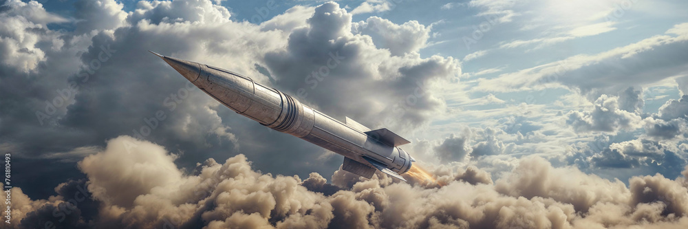 military missile attack launch breakthrough the clouds in the sky for ...
