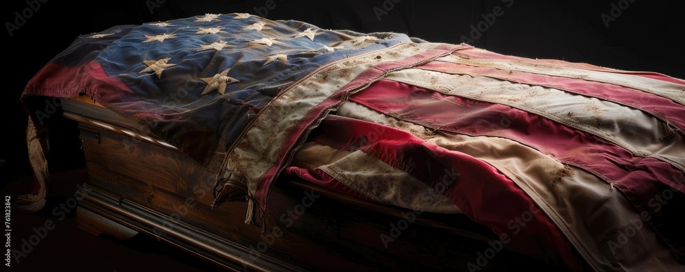 American flag draped a coffin at military funeral inside a church ...