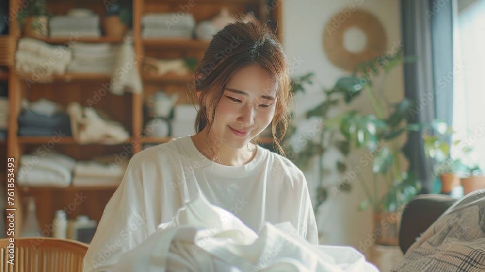 Housekeeping woman in laundry in her home while washing fresh linen in ...