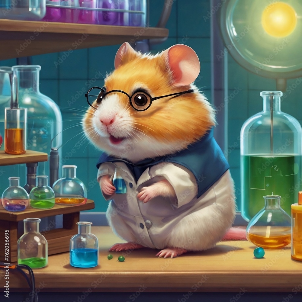 Whimsical hamster scientist in lab coat explores vials and beakers ...