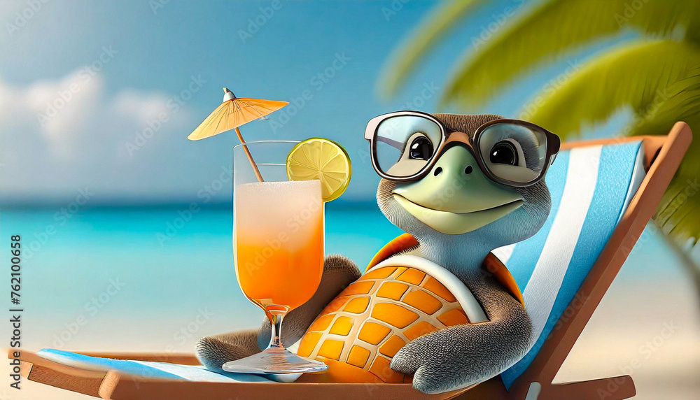 Cute cartoon turtle with glasses chilling on a beach chair on a ...