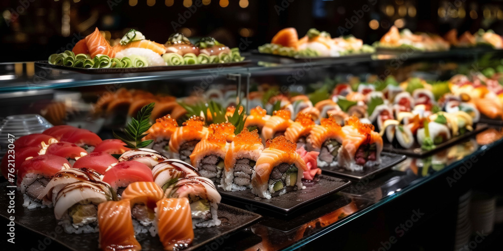 elegant sushi bar with a long glass counter displaying different types ...