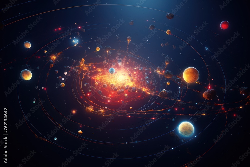 stylized holographic star system map with different various planets and ...