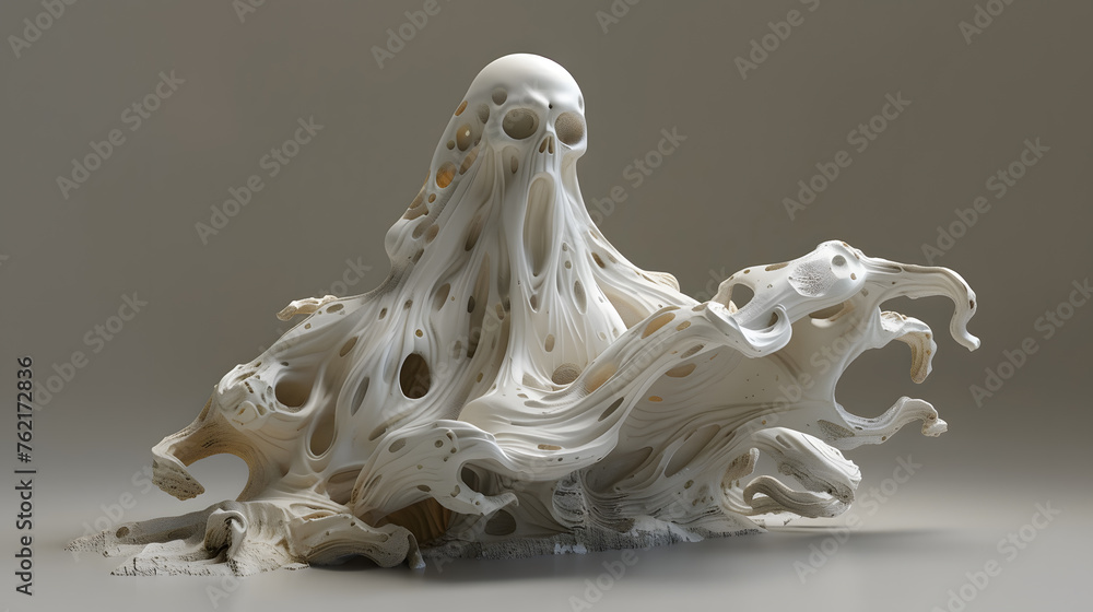 Dynamic white fluid art sculpture resembling melting shapes on a grey ...