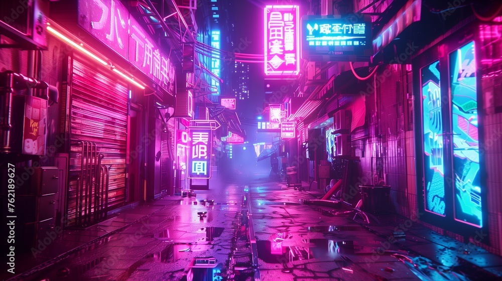 neon-lit alleyway in a cyberpunk city, where flickering holograms and ...