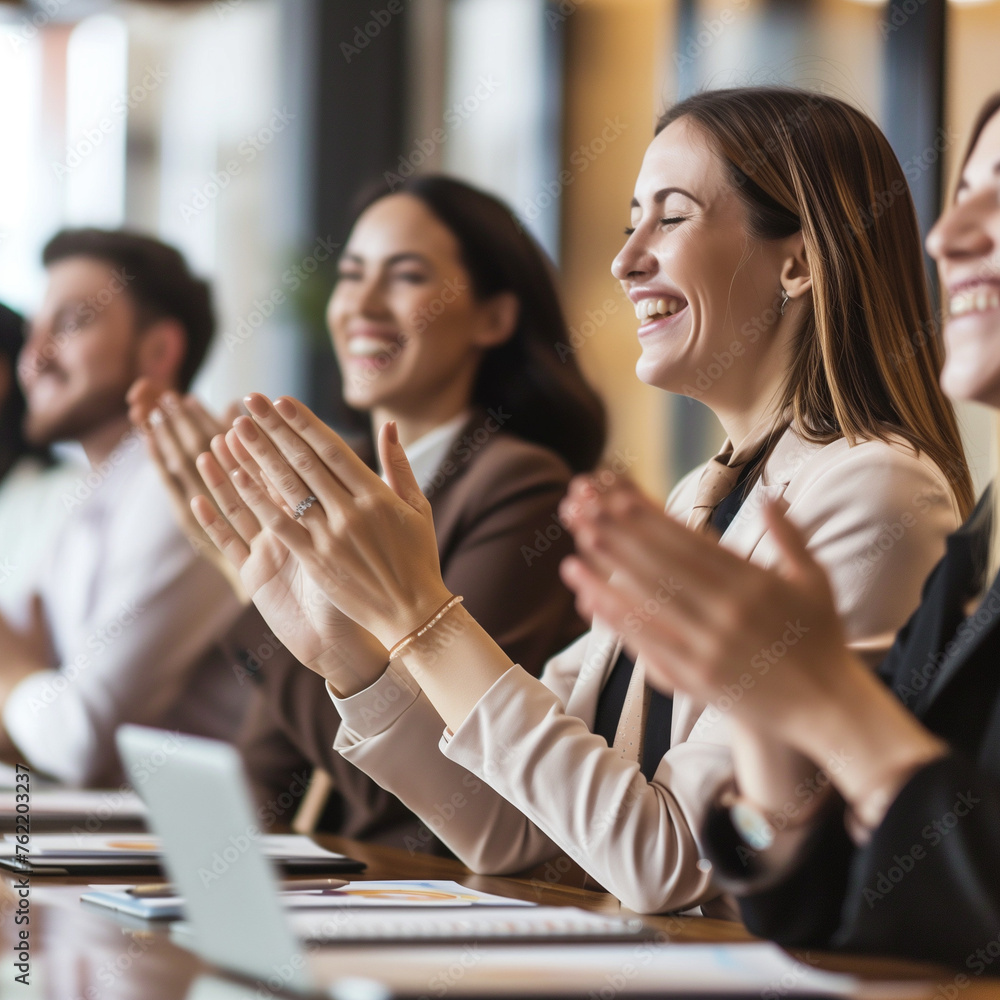 Happy business people in meeting at desk with applause, cheers and ...