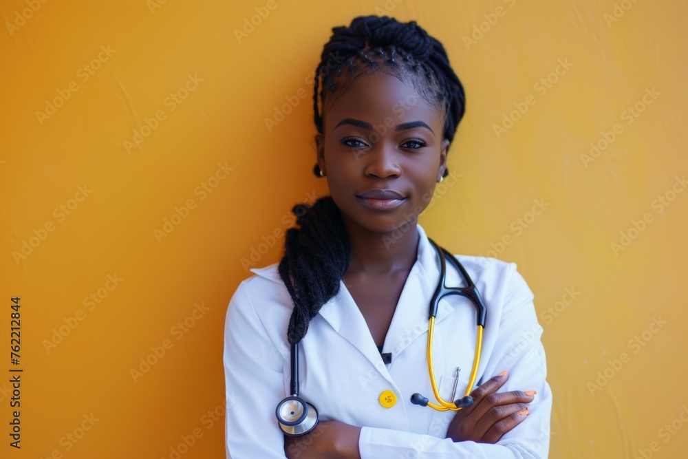African American female doctor, white coat, stethoscope, personifies ...