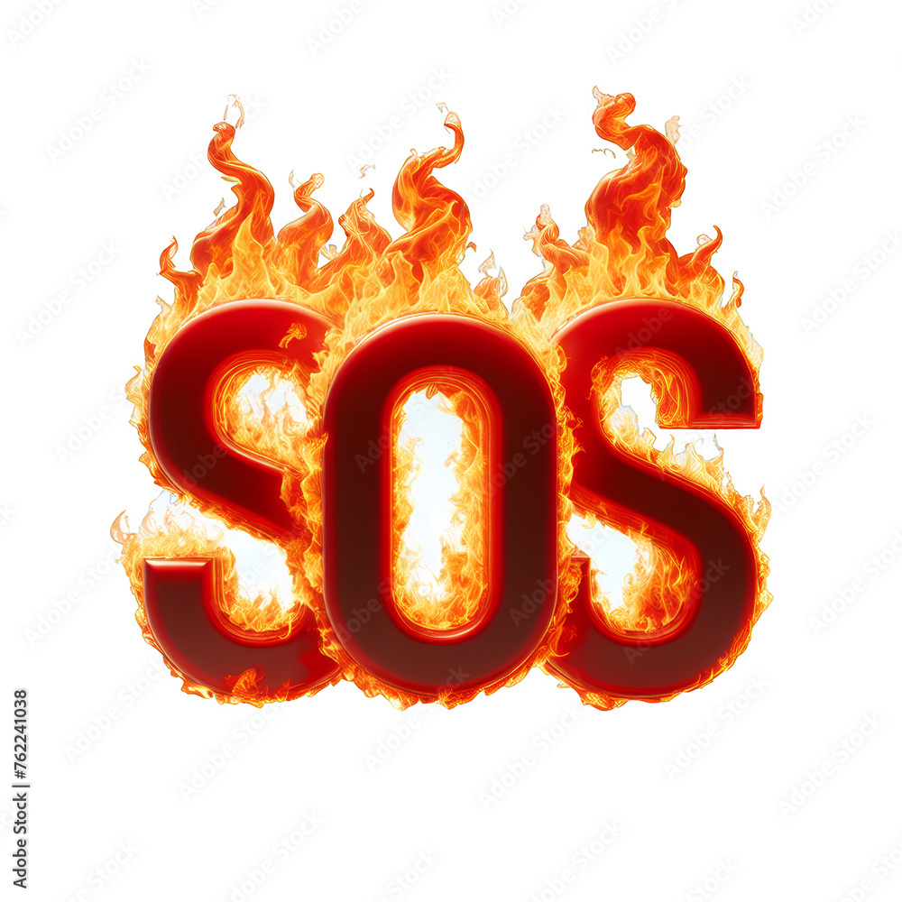 word SOS on fire, isolated on transparent background, front view ...
