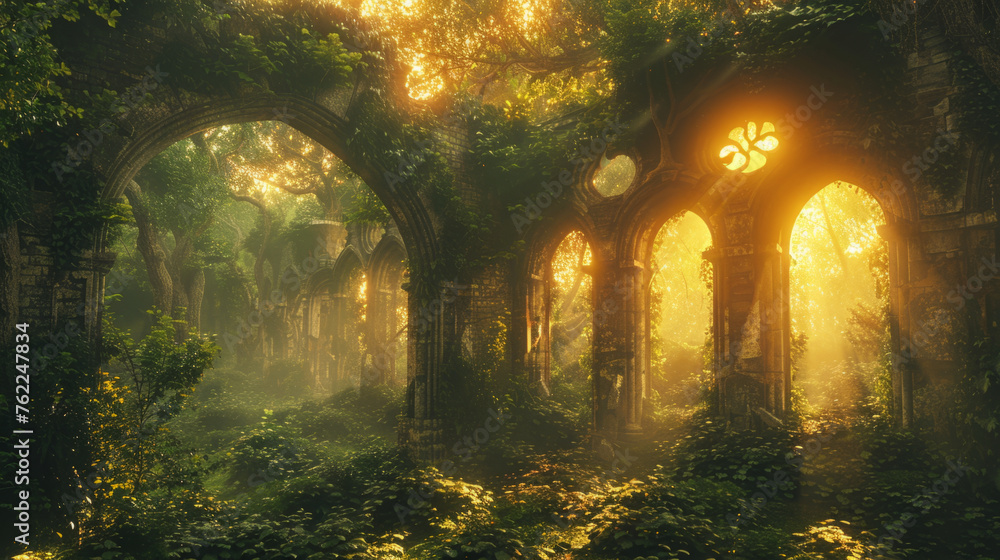 Enchanted forest scene with sunlight filtering through dense foliage ...