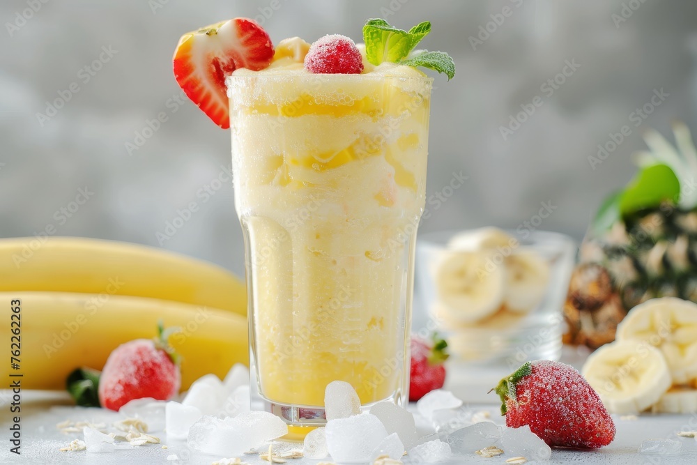 Banana slush drink in tall glass with fruit and crushed ice around it ...