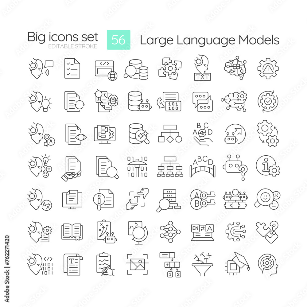 Large language models linear icons set. Artificial intelligence. Data ...