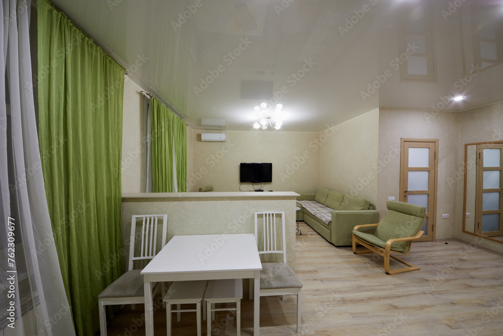 Interior of modern room divided into kitchen and living zones in hotel ...