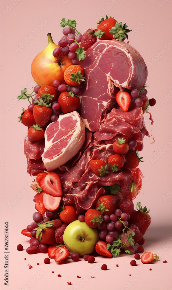 Towering pile of red meat and fruit, a visual feast. Stock Illustration ...