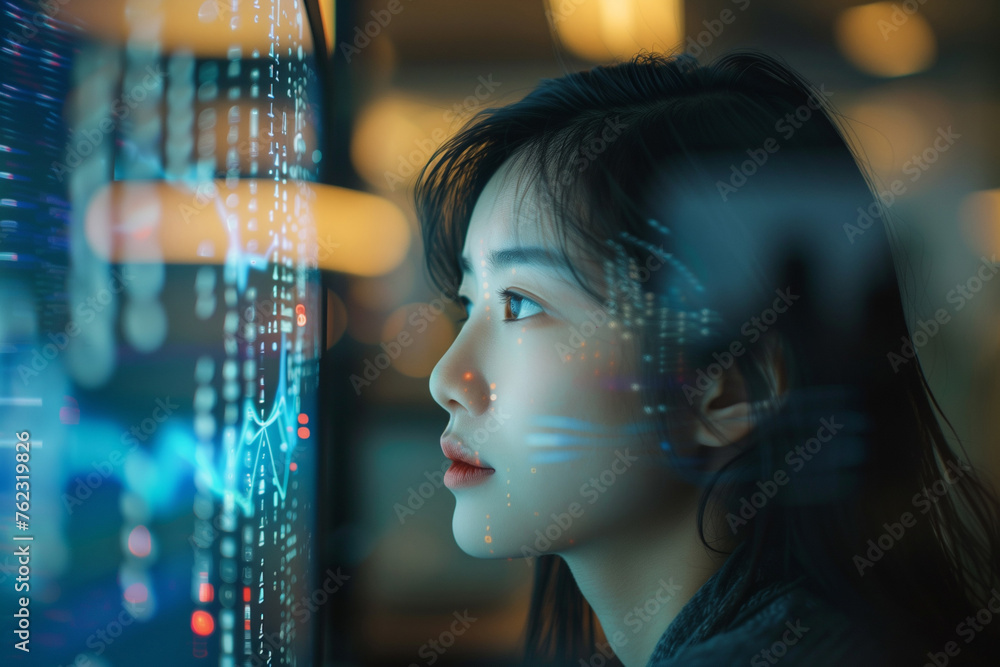 Portrait of Asian Female Startup Digital Entrepreneur Working on Computer Line of Code Projected ...