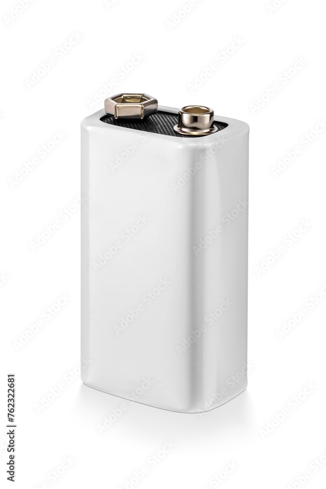 White rectangular 9-volt battery isolated. Positive and negative ...
