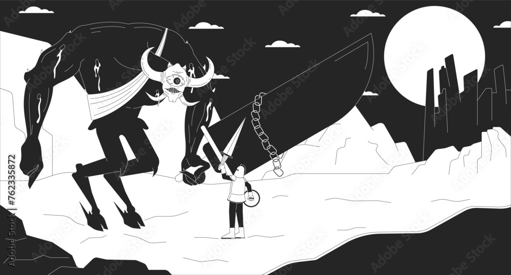 Boss fighting in adventure game black and white line illustration ...